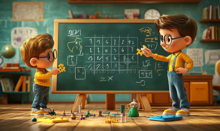 3D Cartoon Math Class with Students Solving Puzzles and Equations on ...
