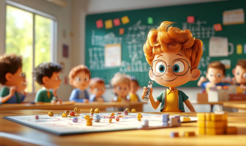 3D Cartoon Math Class with Students Solving Puzzles and Equations on ...