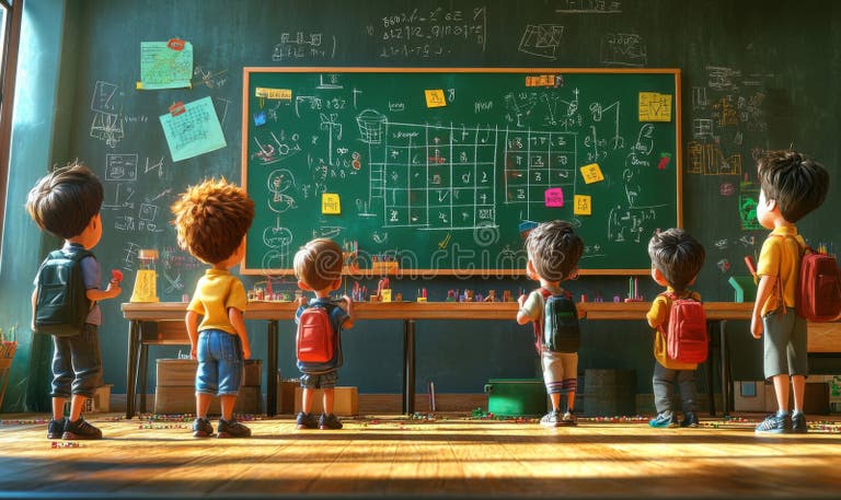 3D Cartoon Math Class with Students Solving Puzzles and Equations on ...