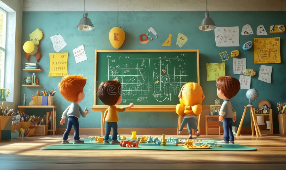 3D Cartoon Math Class with Students Solving Puzzles and Equations on ...