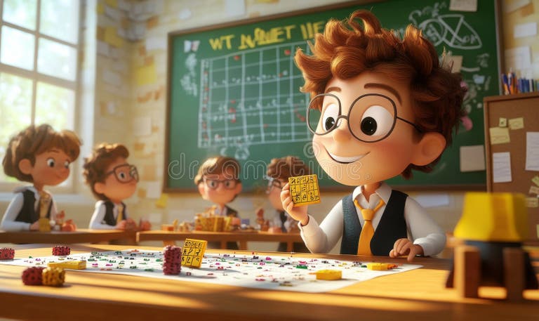 3D Cartoon Math Class with Students Solving Puzzles and Equations on ...