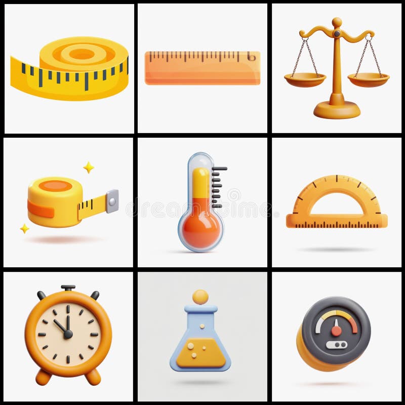 3D Cartoon Measurement and Science Tools Icon Set Isolated on White ...