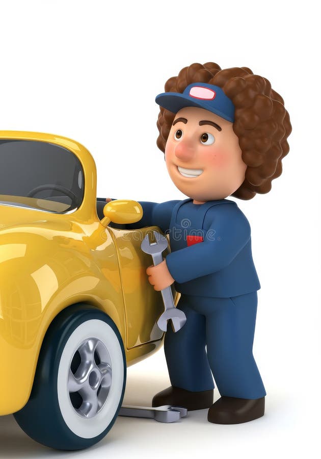3D Cartoon Mechanic Fixing Yellow Car a Cheerful Cartoon Mechanic ...