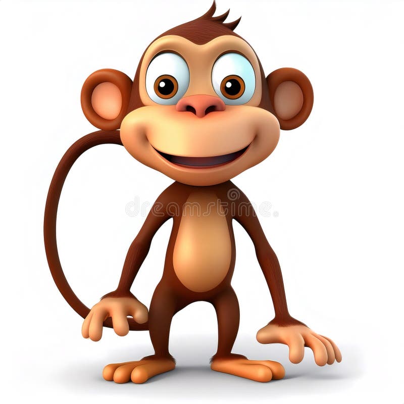 3D Cartoon Monkey Standing and Smiling, Isolated on White Background ...