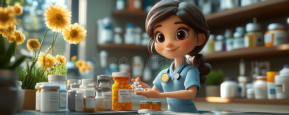 3D Cartoon Nurse Preparing Medication, Precise Stock Illustration ...