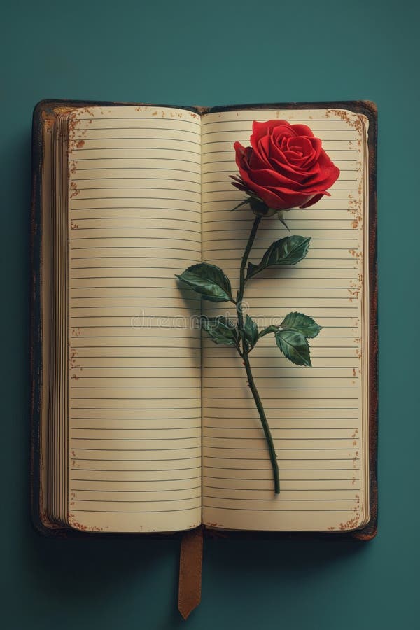 3D Cartoon Open Notebook with Lined Paper and a Single Red Rose ...