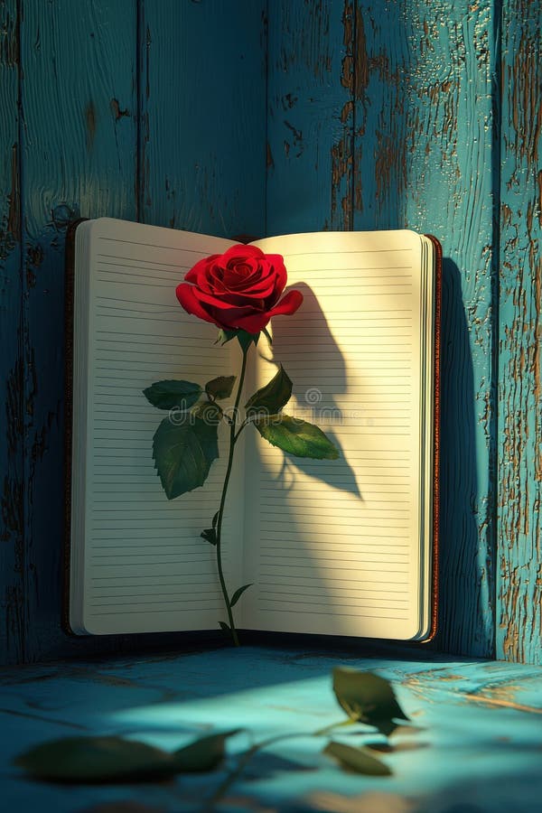 3D Cartoon Open Notebook with Lined Paper and a Single Red Rose ...
