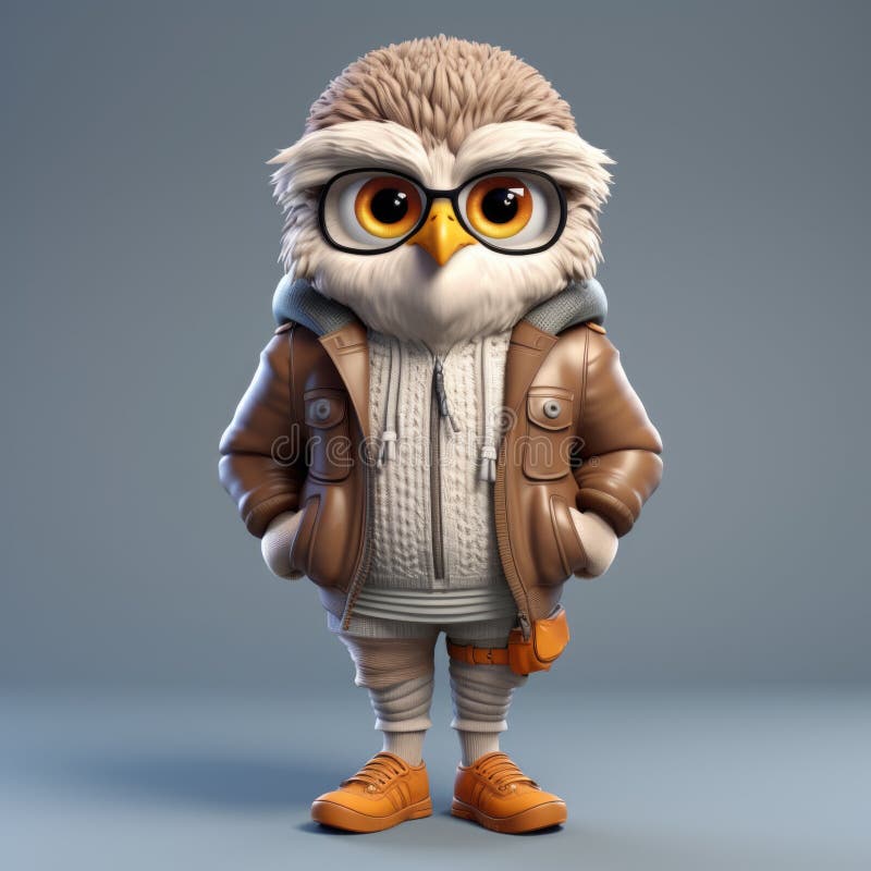 3D Cartoon Owl Portrait Wearing Clothes, Standing in Front Stock ...