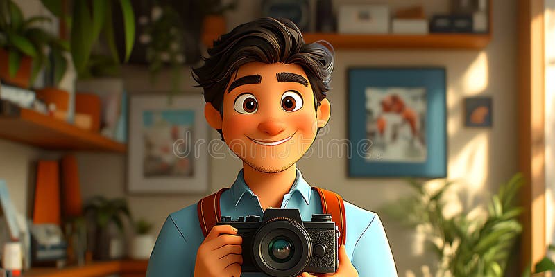 3D Cartoon Photographer with a Camera, Cheerful Stock Illustration ...