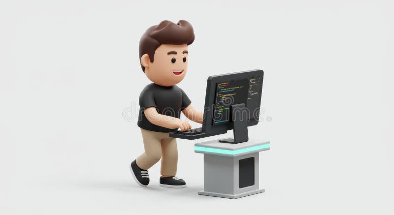 3D Cartoon Programmer Coding on Computer a Cheerful 3D Cartoon Programmer Diligently Codes on ...