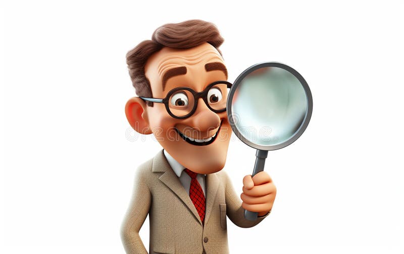 3D Cartoon Render of a Man with Magnifying Glass on White Background ...