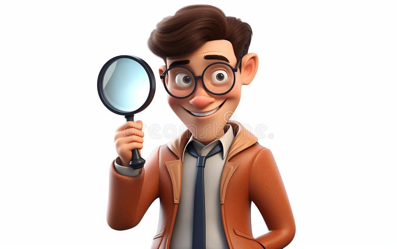 3D Cartoon Render of a Man with Magnifying Glass on White Background ...
