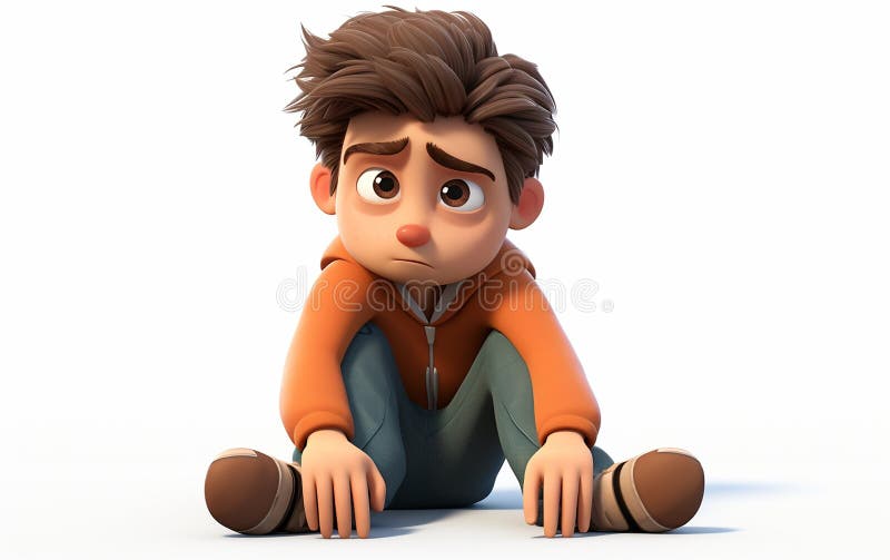 3D Cartoon Render of a Sad Boy on White Background Stock Illustration ...