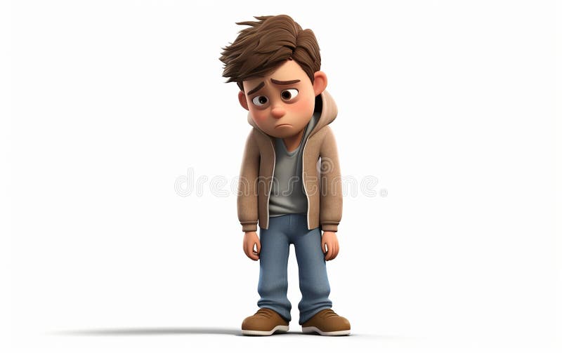 3D Cartoon Render of a Sad Boy on White Background Stock Illustration ...