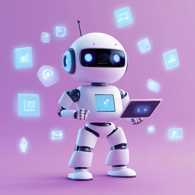 3D Cartoon Robot Holding Tablet, Surrounded by Glowing Icons ...