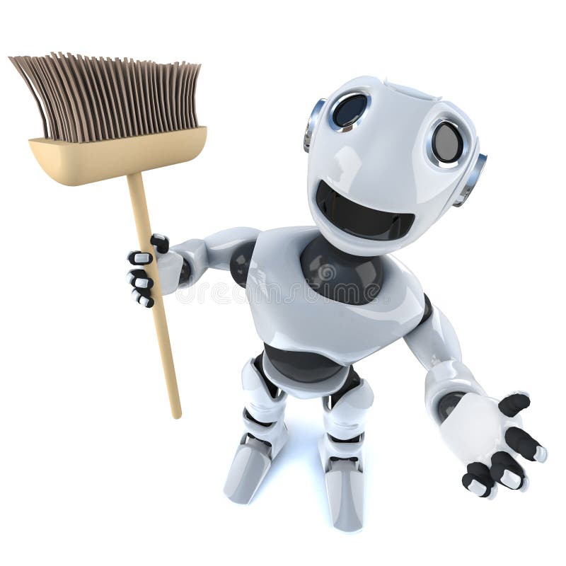 3d Cartoon Robot Man Holding a Broom Stock Illustration - Illustration ...