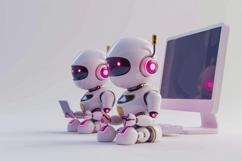 3d Cartoon Robots Working in Computer Stock Illustration - Illustration ...