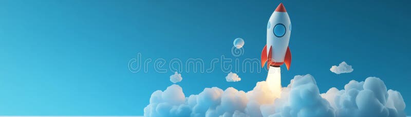 3D Cartoon Rocket Launch Blue Sky, Cloud Composition, Startup Concept ...