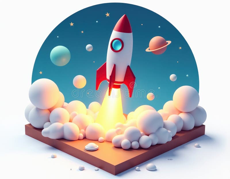 3D Cartoon Rocket Launching into Space - Startup Success Concept Stock ...