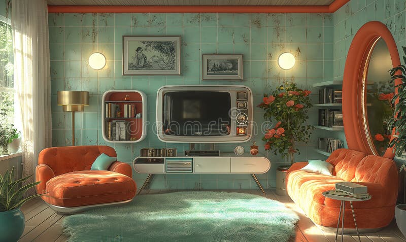 3D Cartoon Room Design 50-60s, Art Deco. Stock Image - Image of decor ...