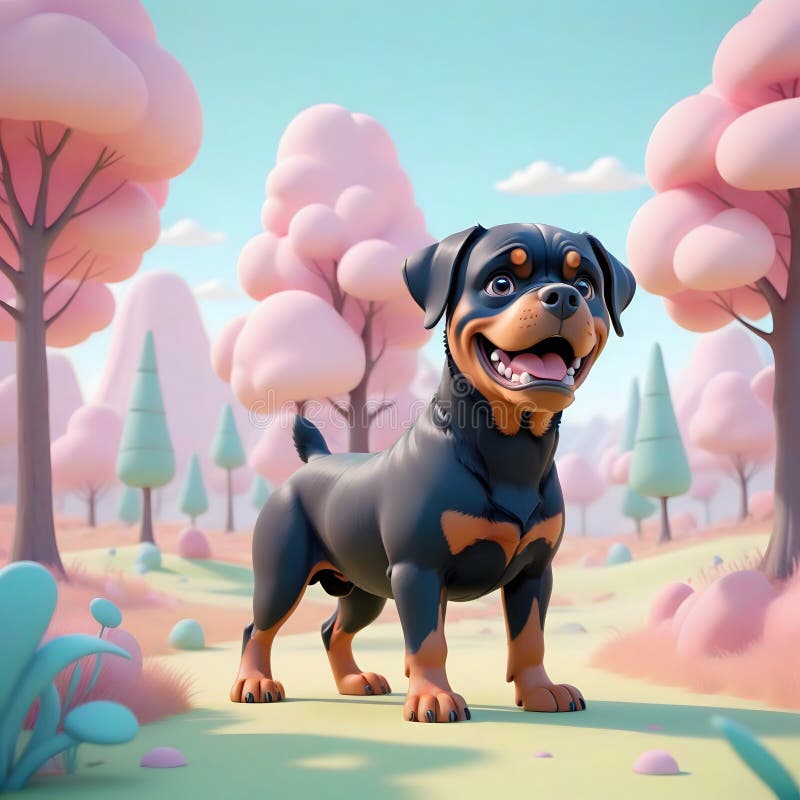 3D Cartoon Rottweiler Standing in a Whimsical Forest Stock Illustration ...