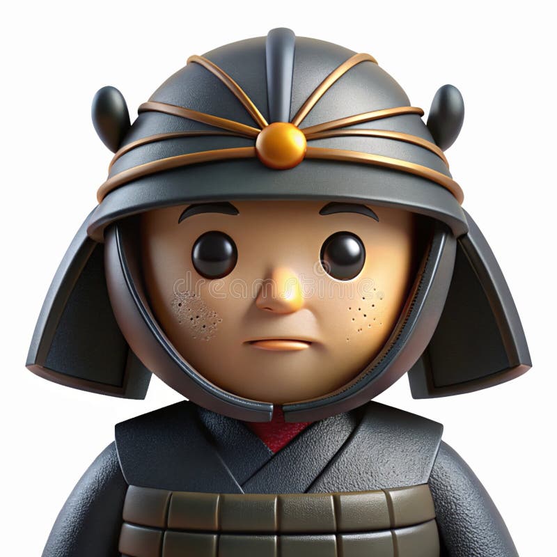 3D Cartoon Samurai Warrior in Black Helmet and Armor with Serious ...