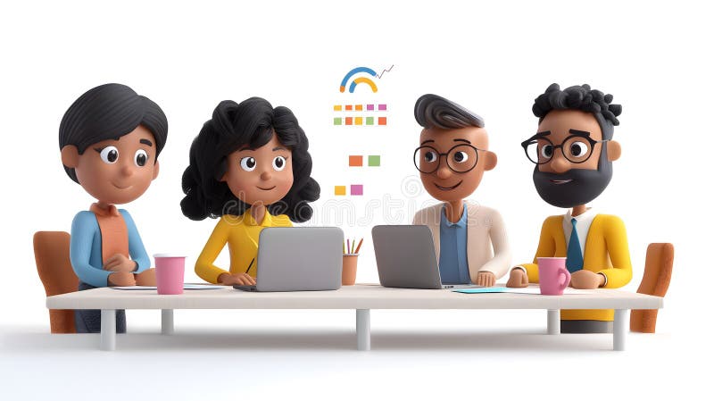 3D Cartoon Scene of a Diverse Business Team Collaborating Around a ...