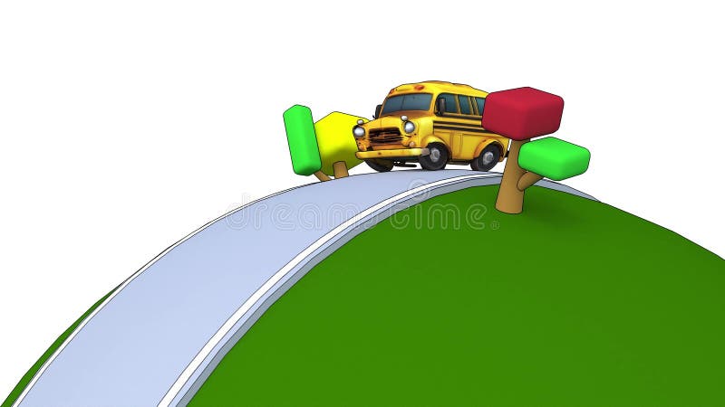 3D Cartoon School Bus Drive on Sphere Landscape 3d Stock Illustration ...