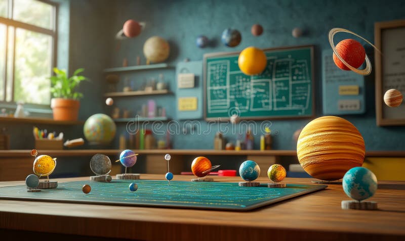 3D Cartoon Science Class with a Model of the Solar System, Interactive ...