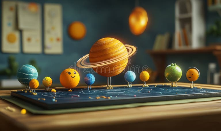 3D Cartoon Science Class with a Model of the Solar System, Interactive ...