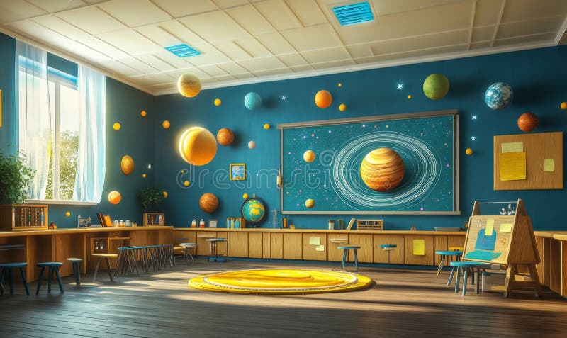 3D Cartoon Science Class with a Model of the Solar System, Interactive ...