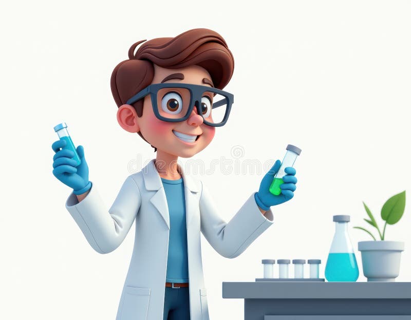 3D Cartoon Scientist Boy Holding Test Tubes Stock Illustration ...