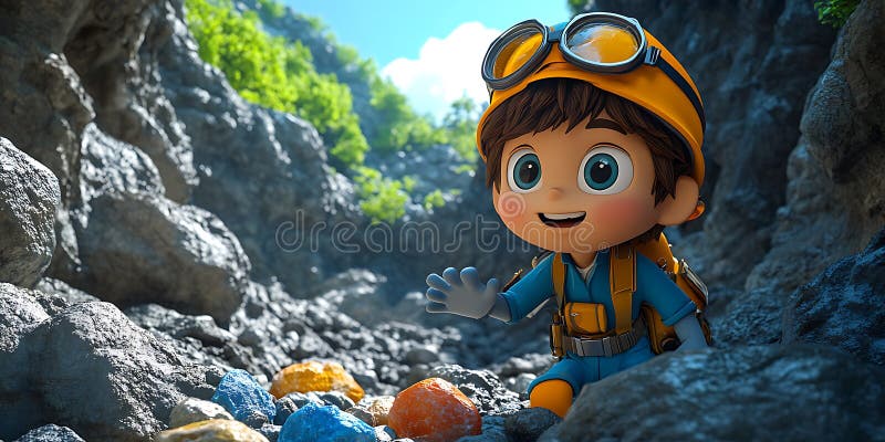 3D Cartoon Scientist in a Cave, Exploring Minerals Stock Illustration ...