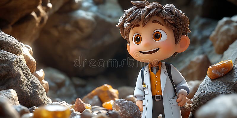 3D Cartoon Scientist in a Cave, Exploring Minerals Stock Illustration ...