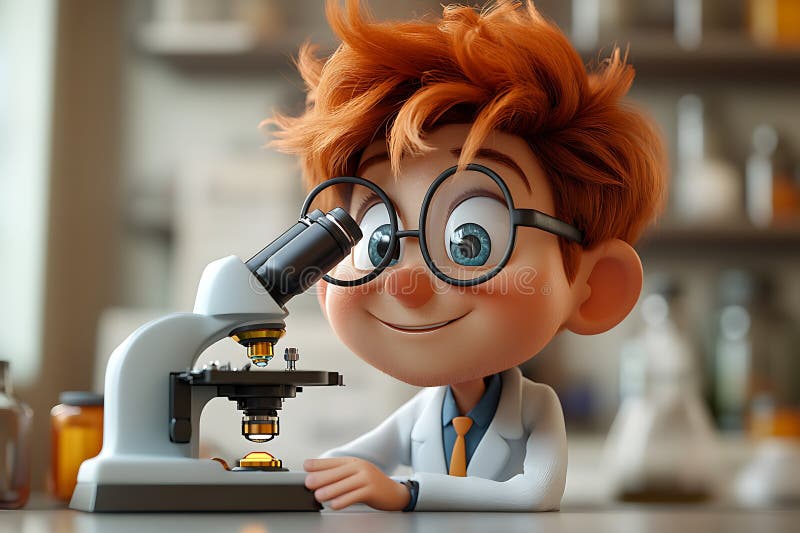3D Cartoon Scientist Examining a Microscope, Deep Focus Stock ...