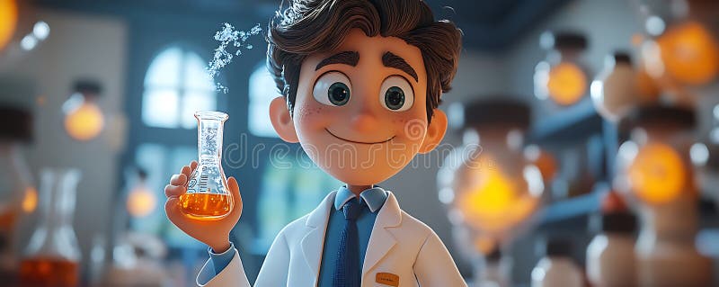 3D Cartoon Scientist Holding a Beaker, Chemical Reactions Stock ...