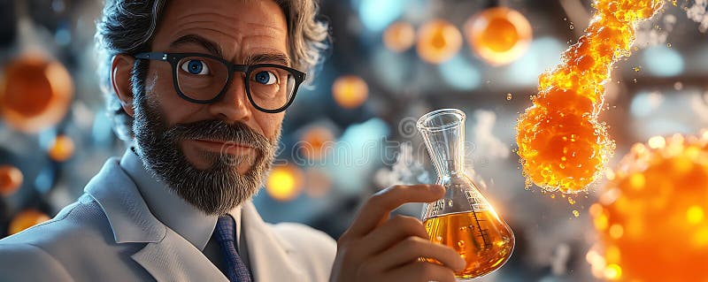 3D Cartoon Scientist Holding a Beaker, Chemical Reactions Stock ...