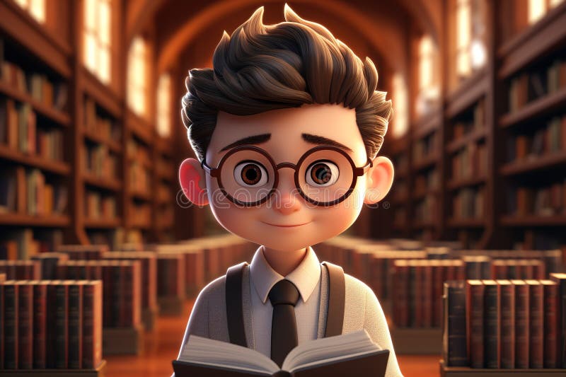 3d Cartoon Smiling Boy in Glasses and Suit Reading a Book in the ...