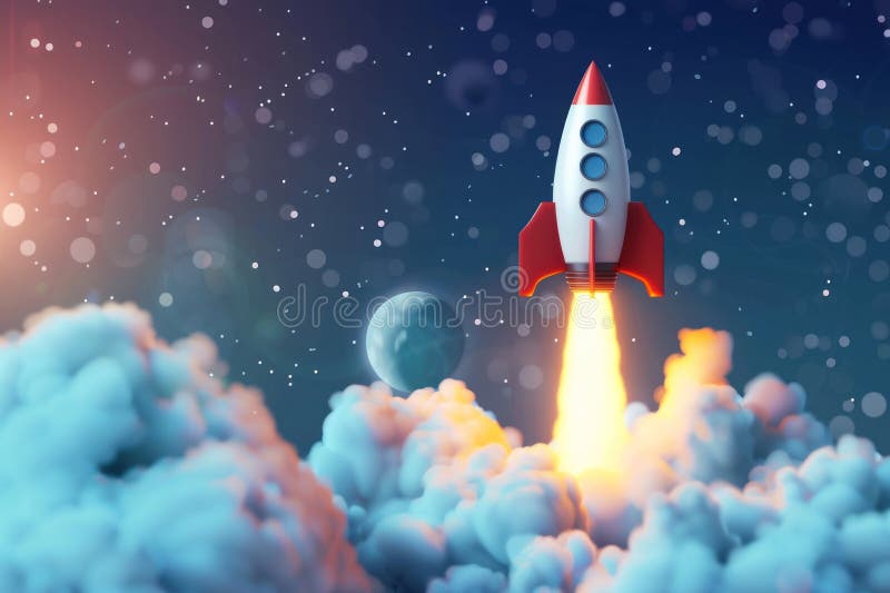 3d Cartoon Space Ship Rocket Taking Off Stock Illustration ...