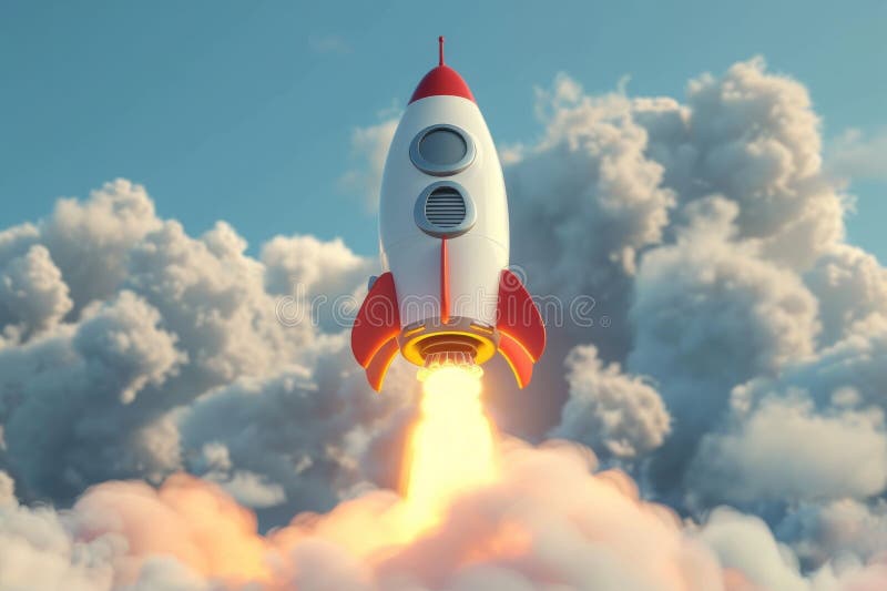 3d Cartoon Space Ship Rocket Taking Off Stock Illustration ...