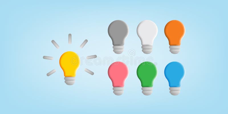 3D Cartoon Style of Bulb Light Idea Set Collection in Multicolor Object ...