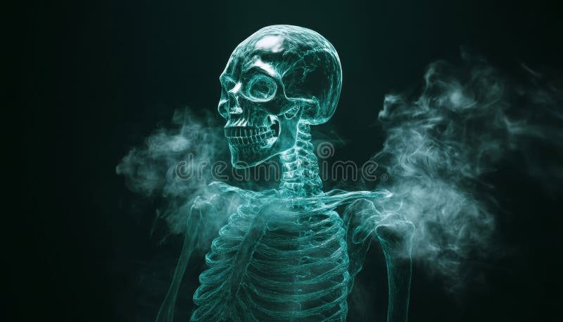 3d Cartoon Style Illustration of a Glowing Smoke Skeleton on a Dark ...