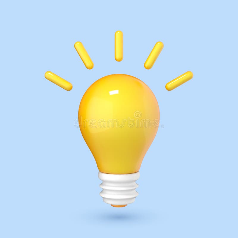 3D Cartoon Style Yellow Light Bulb Icon. Concept of Idea, Solution ...