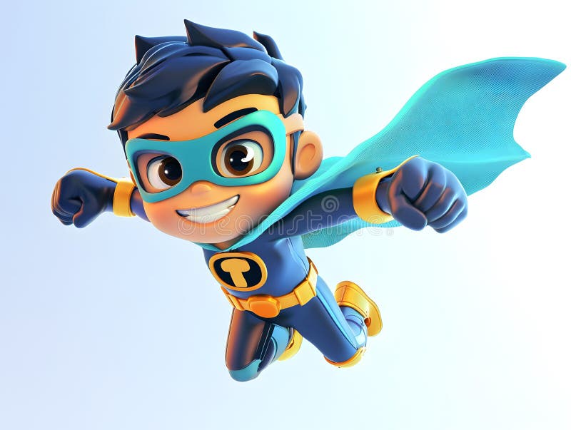 3D Cartoon of a Superhero Kid in a Dynamic Flying Pose Stock Illustration - Illustration of cape ...