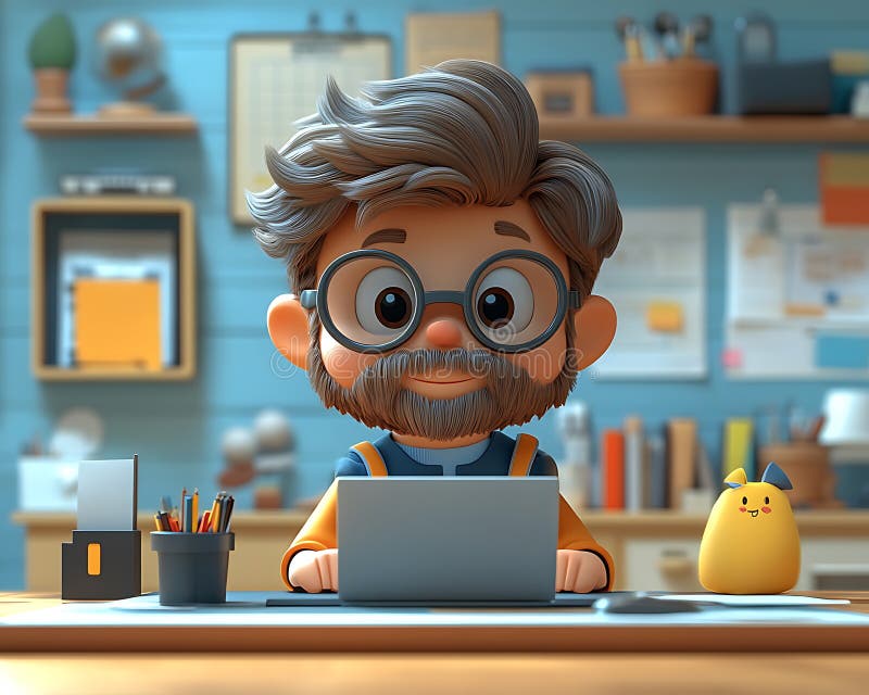 3D Cartoon Teacher at a Computer, Preparing Lessons Stock Illustration ...