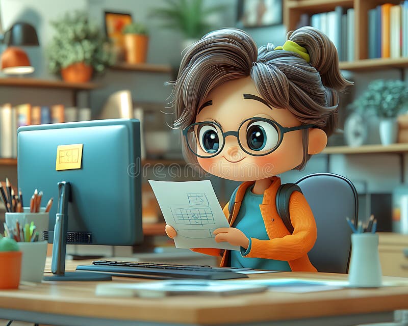 3D Cartoon Teacher at a Computer, Preparing Lessons Stock Illustration ...