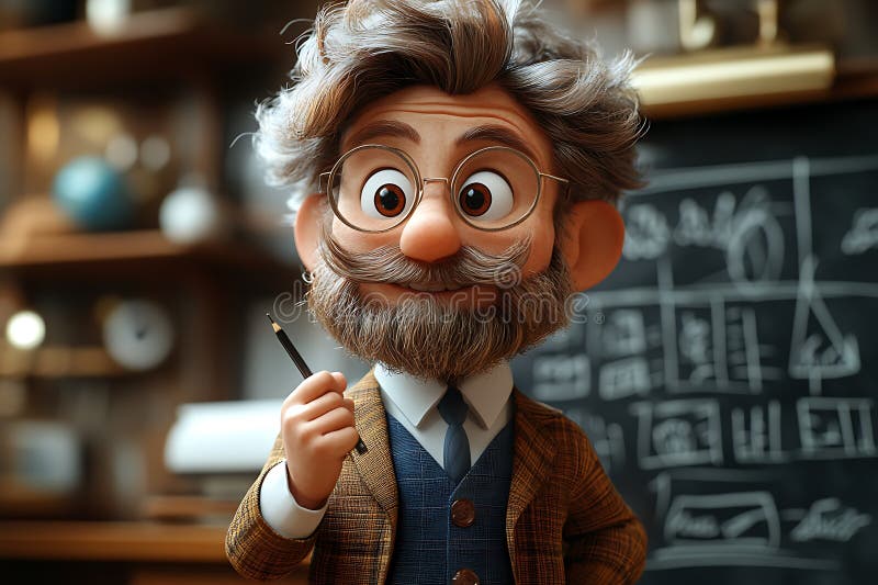 3D Cartoon Teacher Explaining Math, Blackboard Equations Stock ...