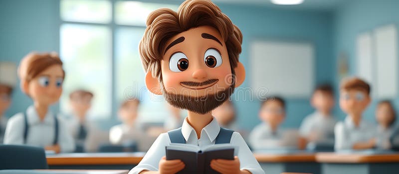 3D Cartoon Teacher Giving a Lecture, Attentive Stock Illustration ...