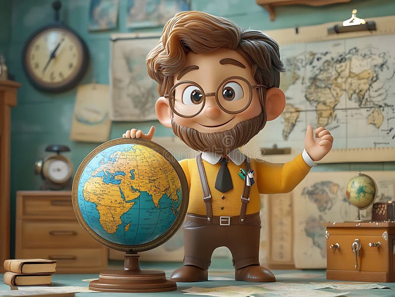 3D Cartoon Teacher with a Globe, Teaching Geography Stock Illustration ...