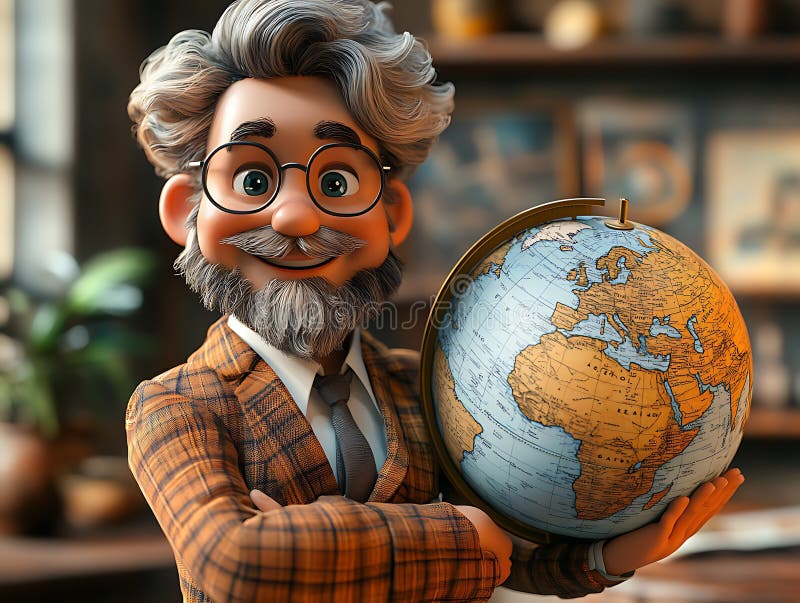 3D Cartoon Teacher with a Globe, Teaching Geography Stock Illustration ...